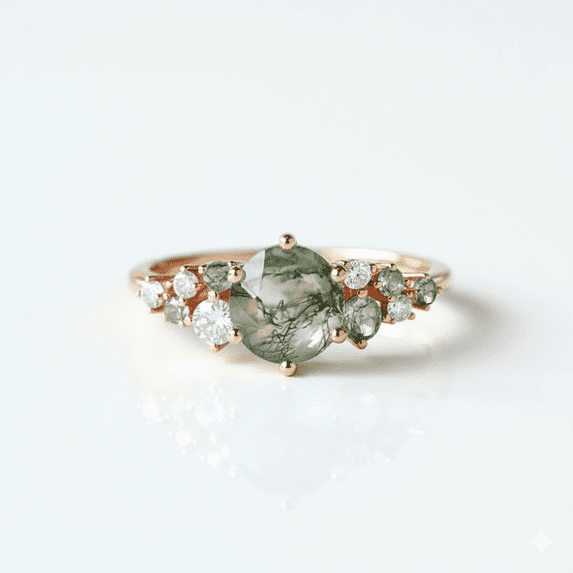 Diamond Cluster Moss Agate Ring, Statement Ring, Wedding Band Ring ...