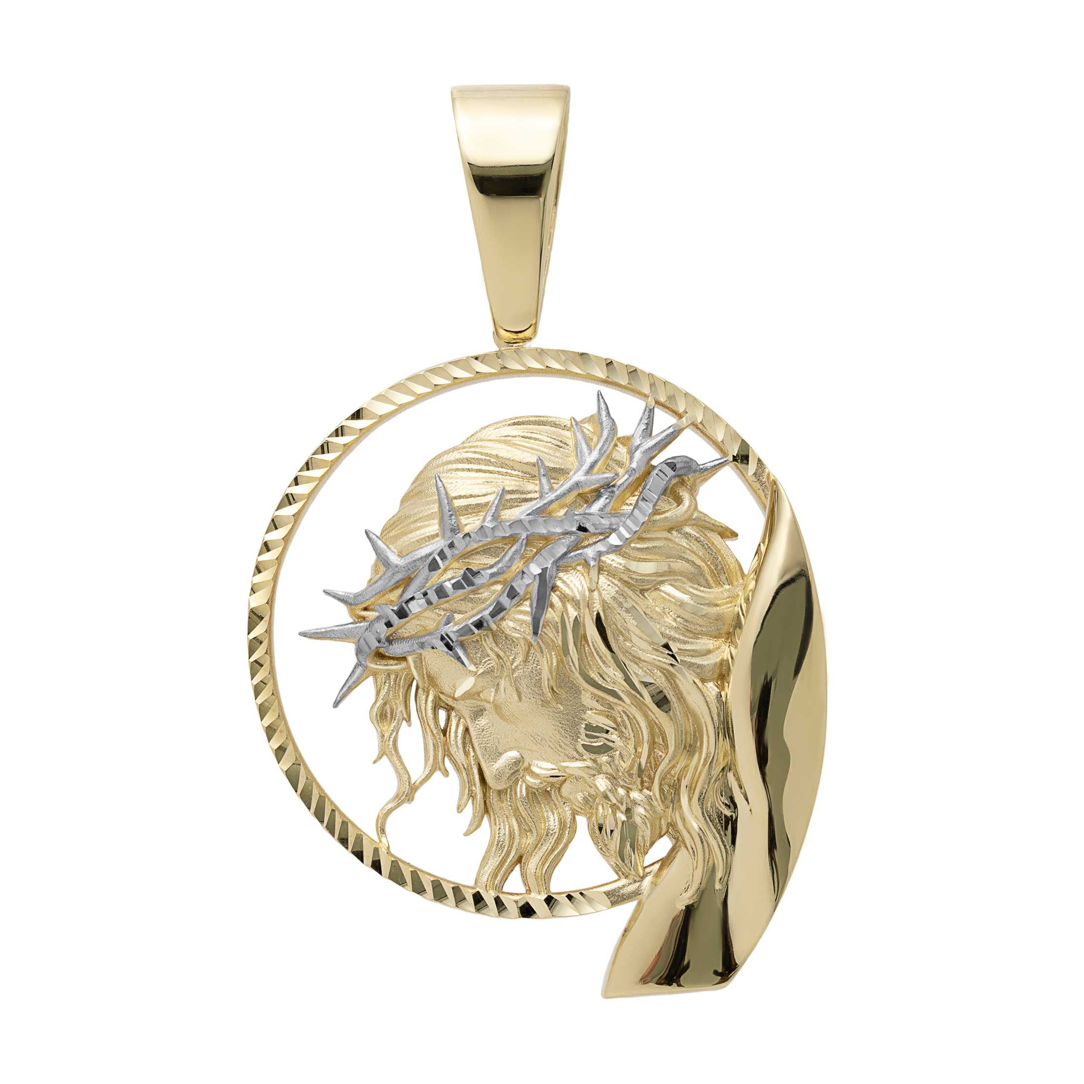 Diamond-Cut Face of Jesus Medallion Pendant Satin 10K Yellow White Gold ...