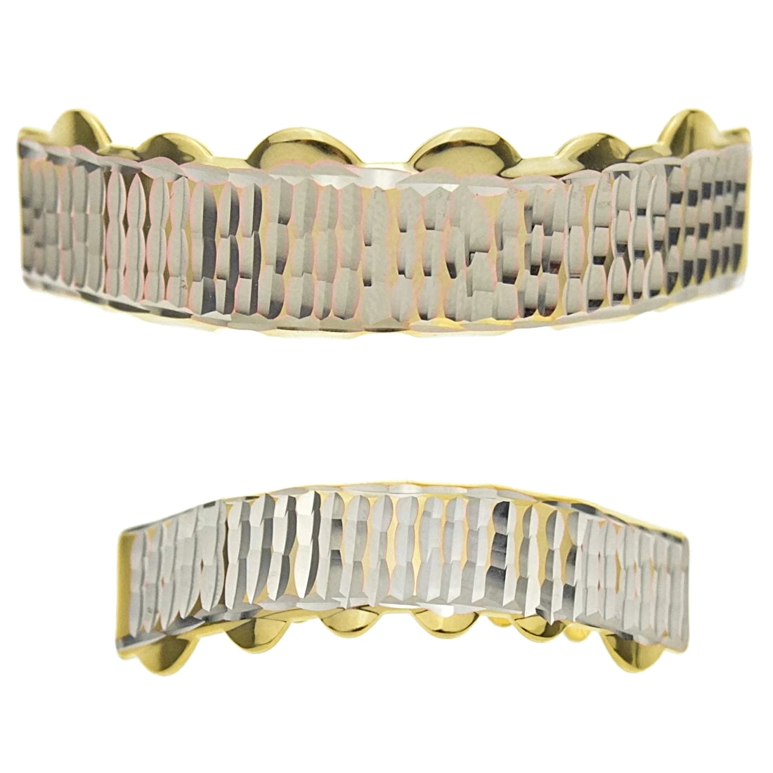 Diamond-Cut Grillz 14K Gold Plated And Silver Tone Cut Teeth Grill Set ...