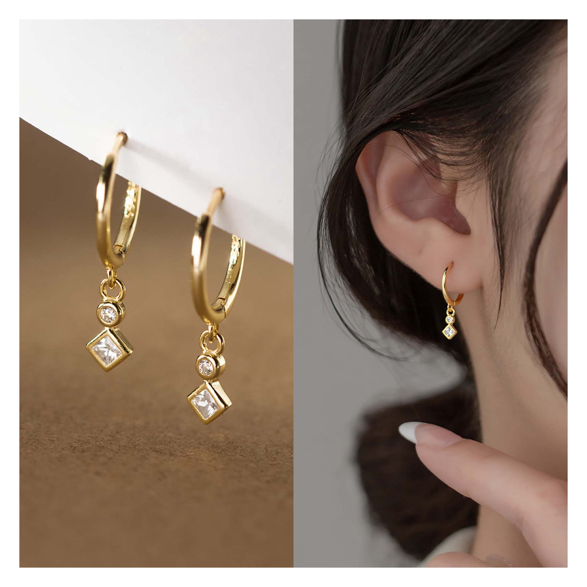 Diamond Dangle Hoop Earrings Gold Silver Huggie Earrings Diamond Drop Earrings Minimalist Dainty Earrings Bridal Wedding Earrings
