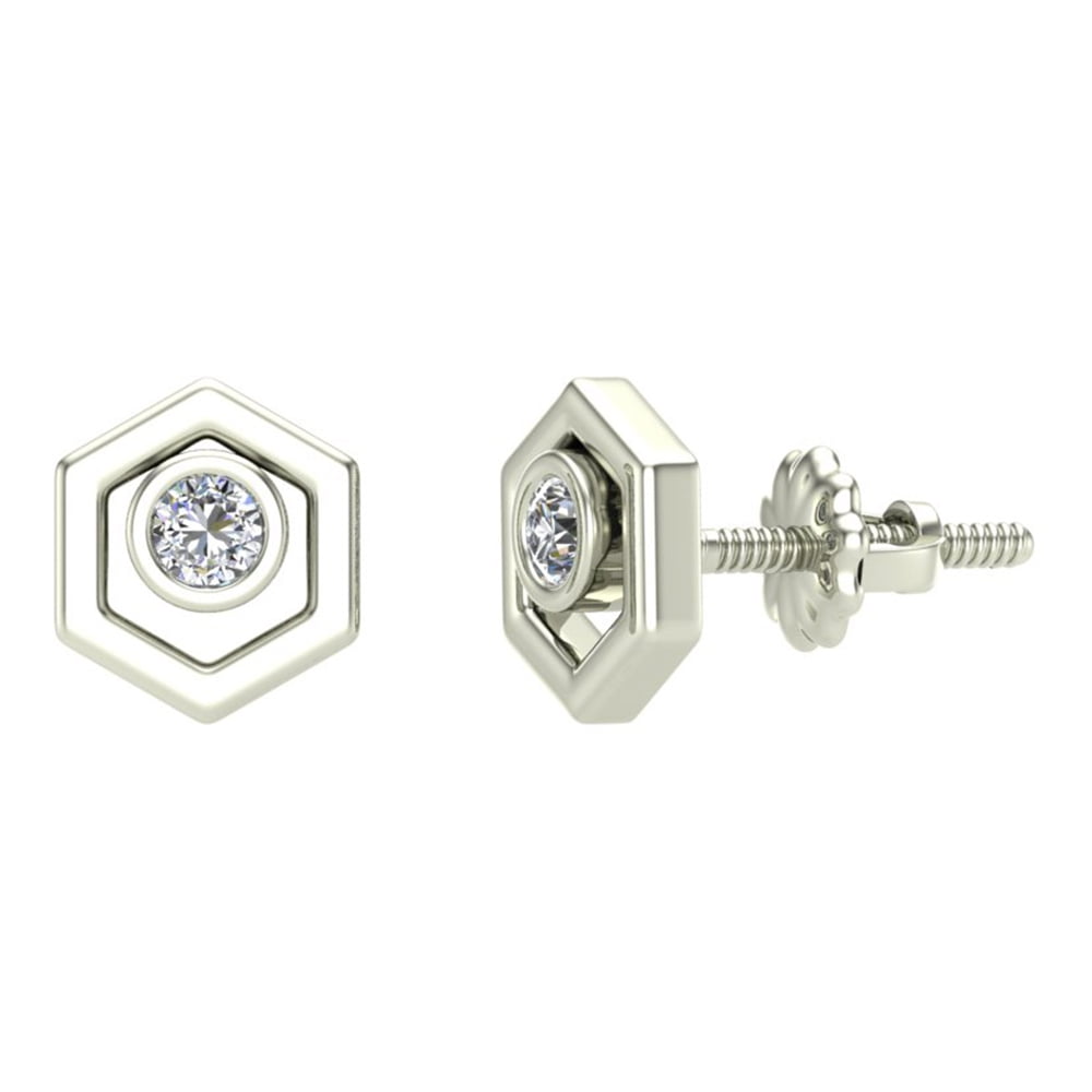 Diamond Earrings Hexagon Shape Studs 10K White Gold - Bezel Setting ...