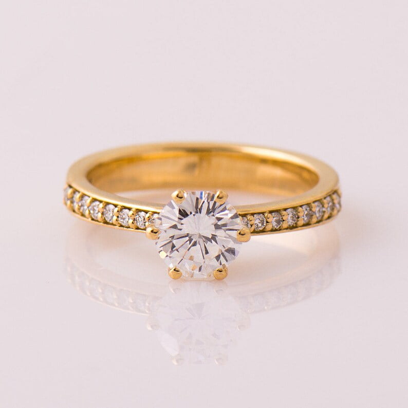 Diamond Engagement Ring, 18K Yellow Gold, GIA Certified, Modern Engagement Ring, Pave Engagement ...