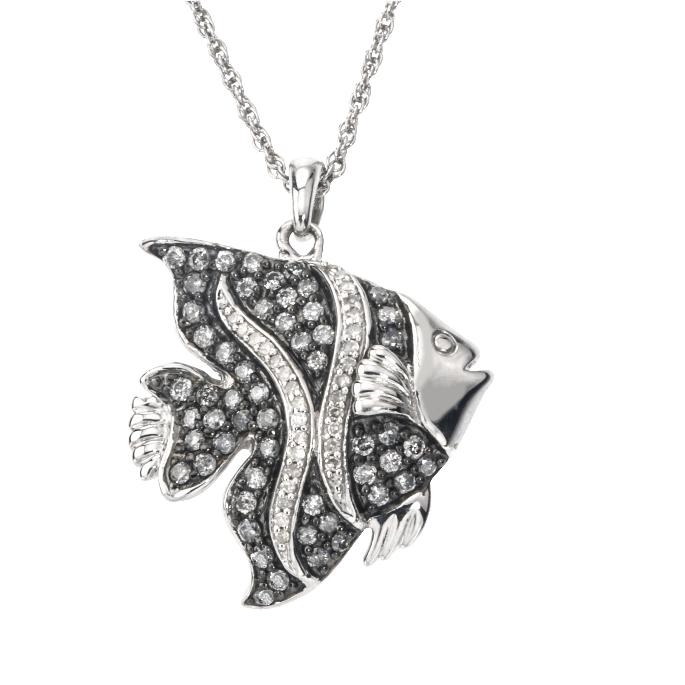 Diamond Fish Necklace in Sterling Silver (0.85 carats, H-I I2 and Grey ...