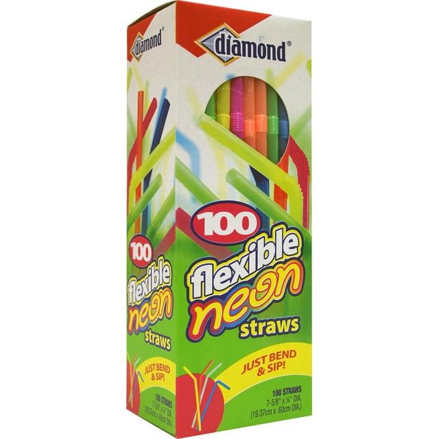 Diamond Disposable Plastic Drinking Straws, Bendable, Neon, 100 Ct ...