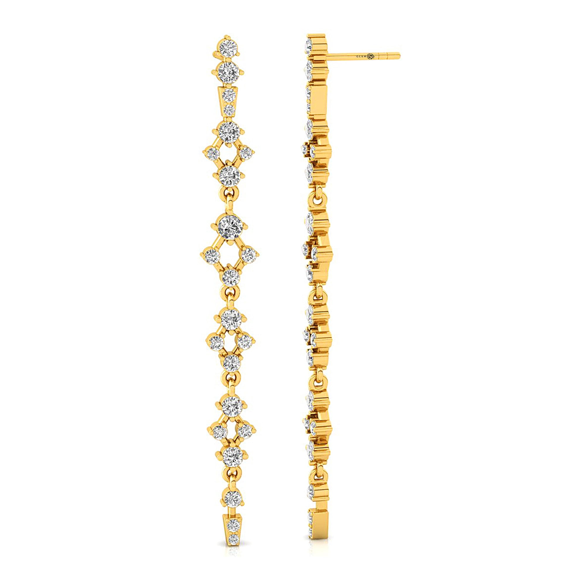 Diamond Gold Earrings, Long Dangle Earrings, 14k Solid Gold, Drop ...