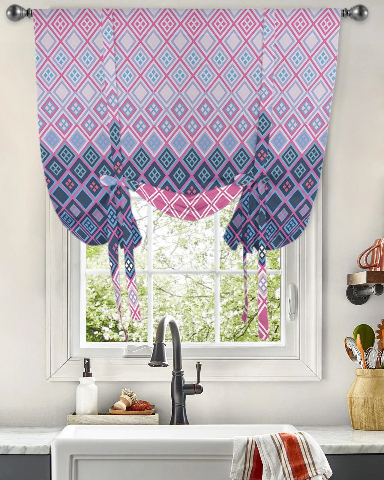 Diamond Gradient Texture Window Curtain for Living Room Kitchen Tie-up ...