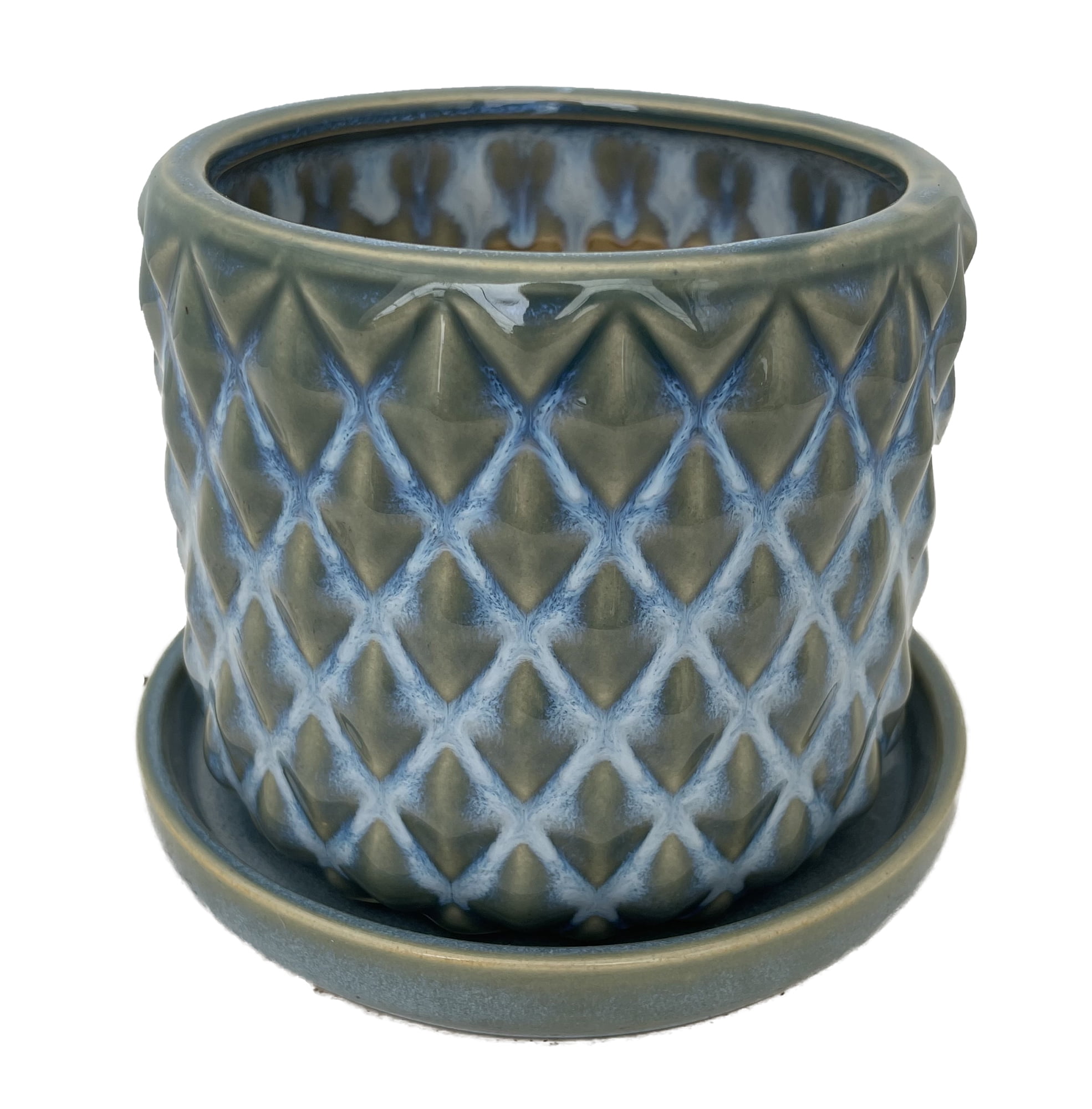 Diamond Green Ceramic Pot with Attached Saucer - 4.5" x 4.25" - Walmart.com