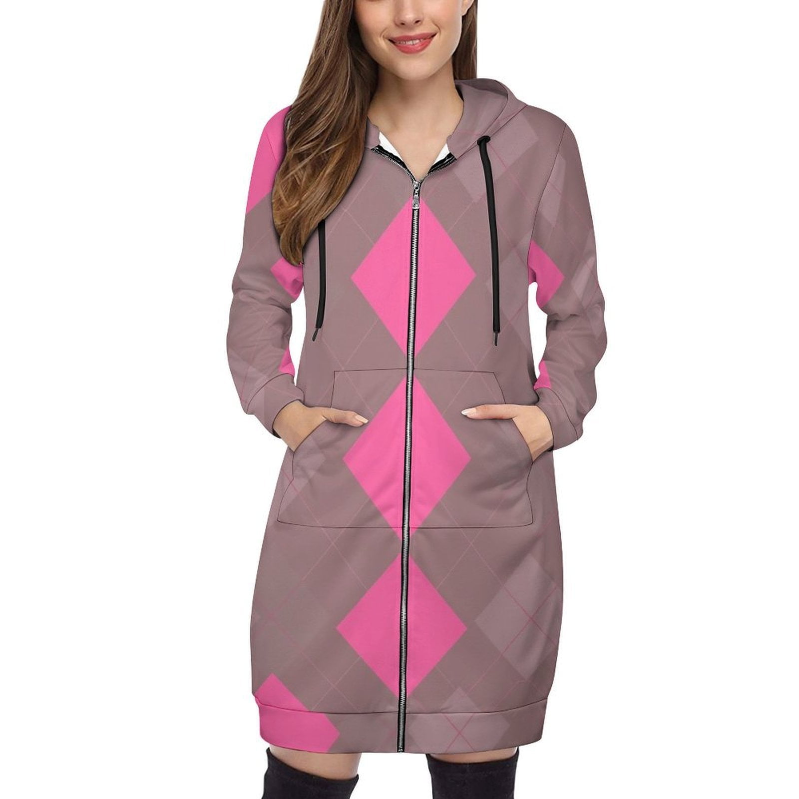 Diamond Grid Hoodie Women Drawstring Sweatshirts Personality Loose ...