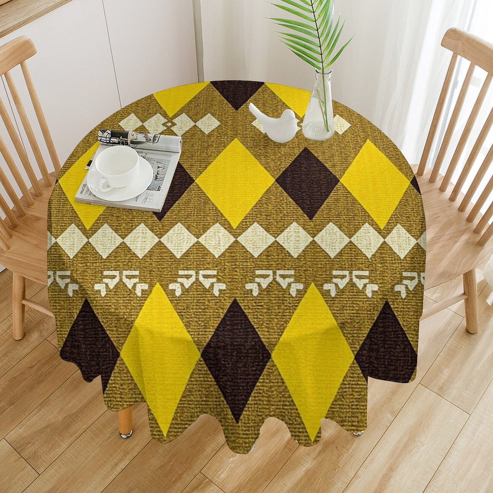 Diamond Grid Polyester Round Waterproof Cover Table Decor Restaurant ...