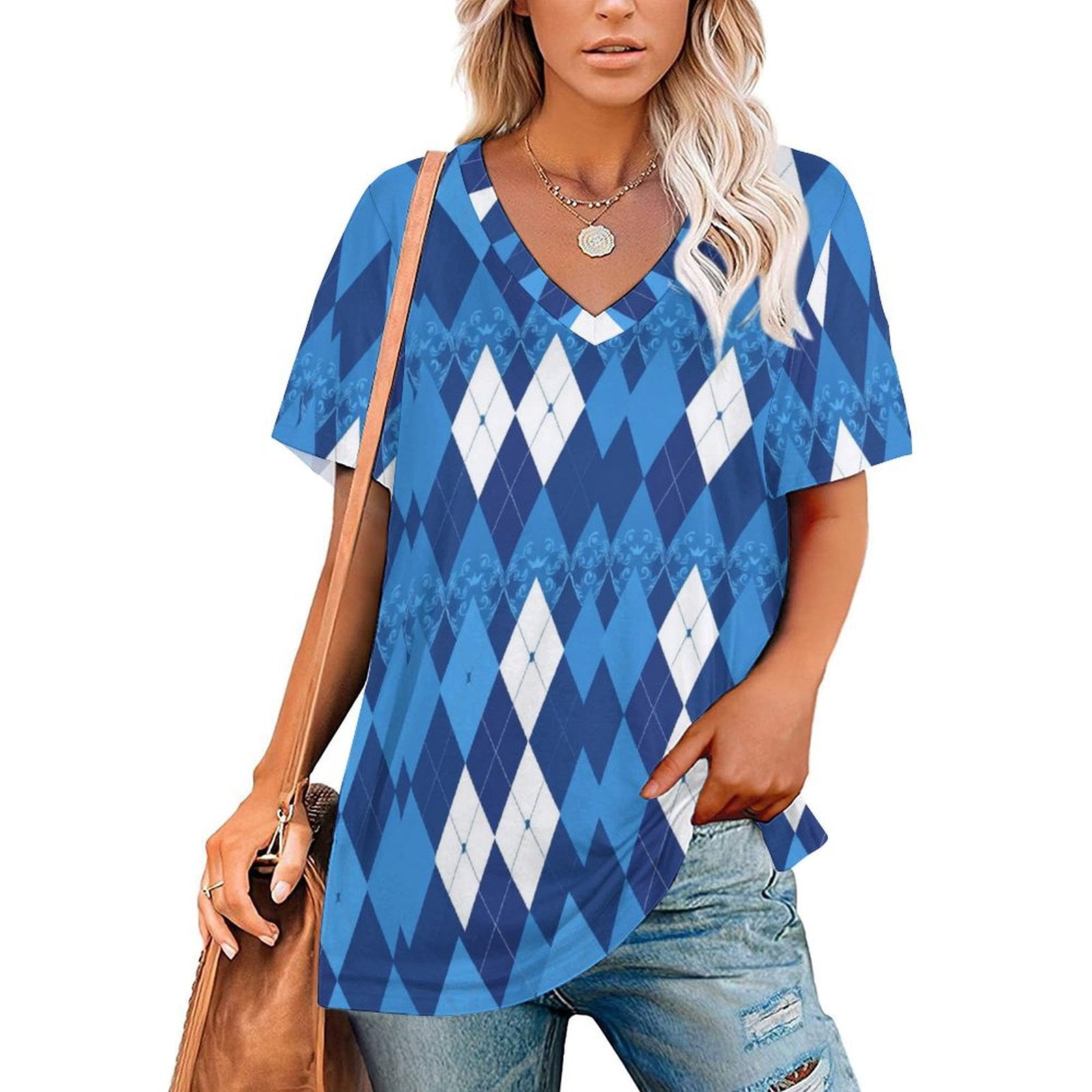 Diamond Grid T Shirts V Neck Short Sleeve Print Top Tees - Walmart.com