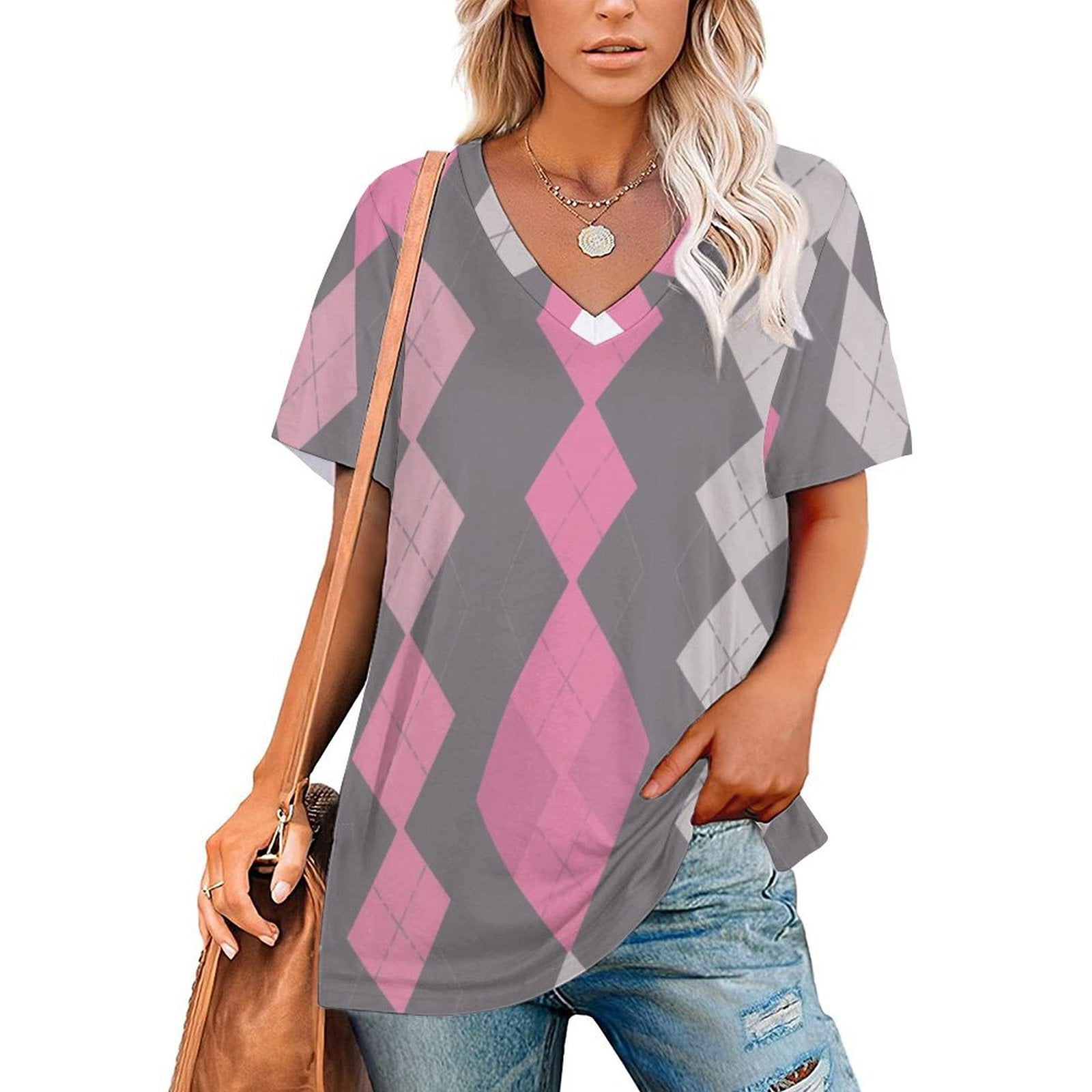 Diamond Grid T Shirts V Neck Short Sleeve Print Top Tees - Walmart.com
