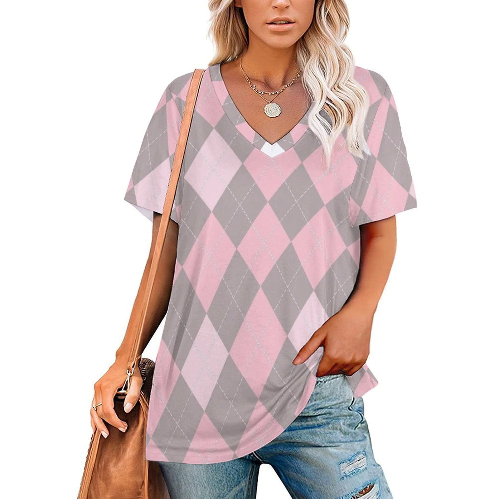Diamond Grid V Neck Fashion Oversize T-Shirt Short Sleeve Aesthetic Tee ...