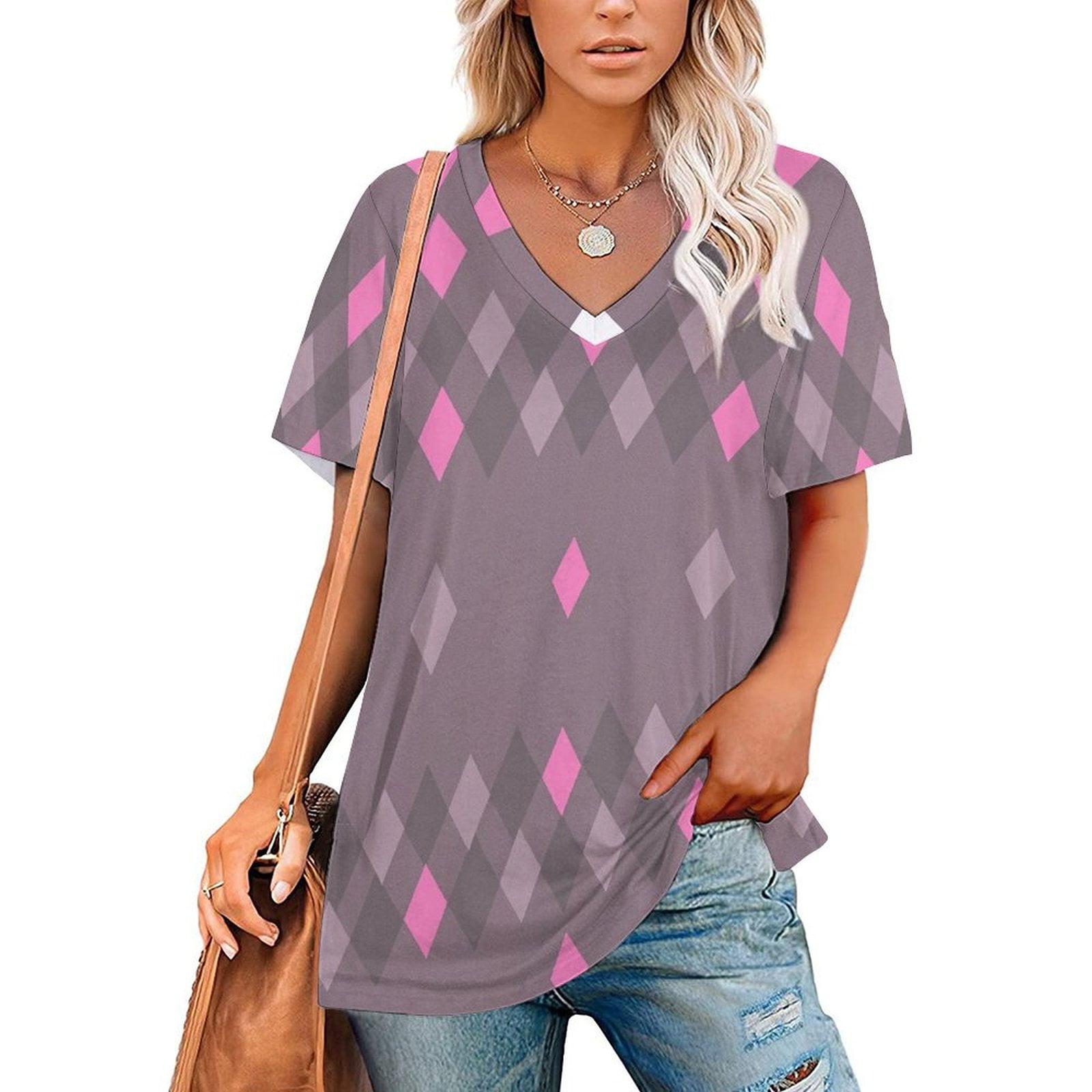 Diamond Grid V Neck Fashion Oversize T-Shirt Short Sleeve Aesthetic Tee ...