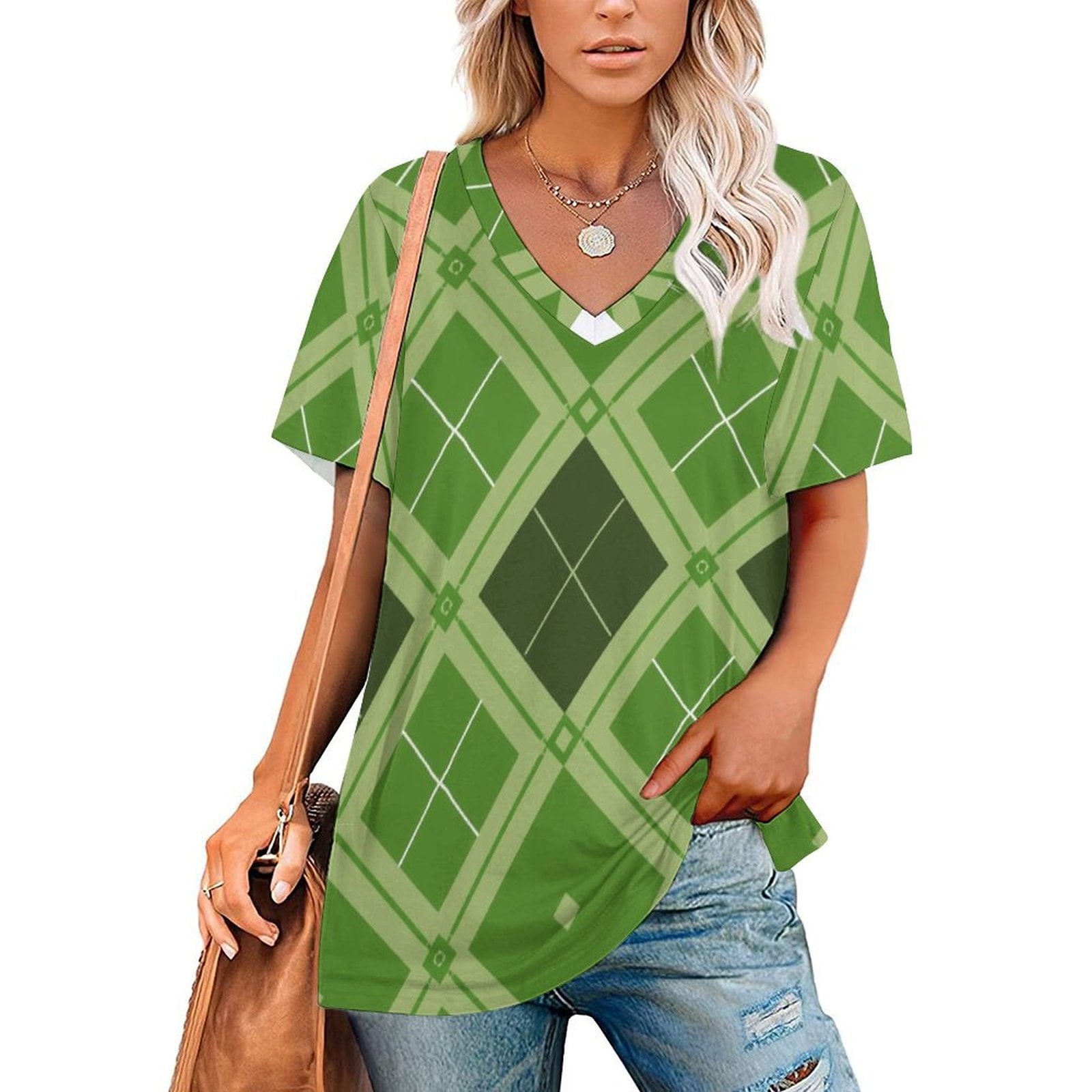 Diamond Grid V Neck Fashion Oversize T-Shirt Short Sleeve Aesthetic Tee ...