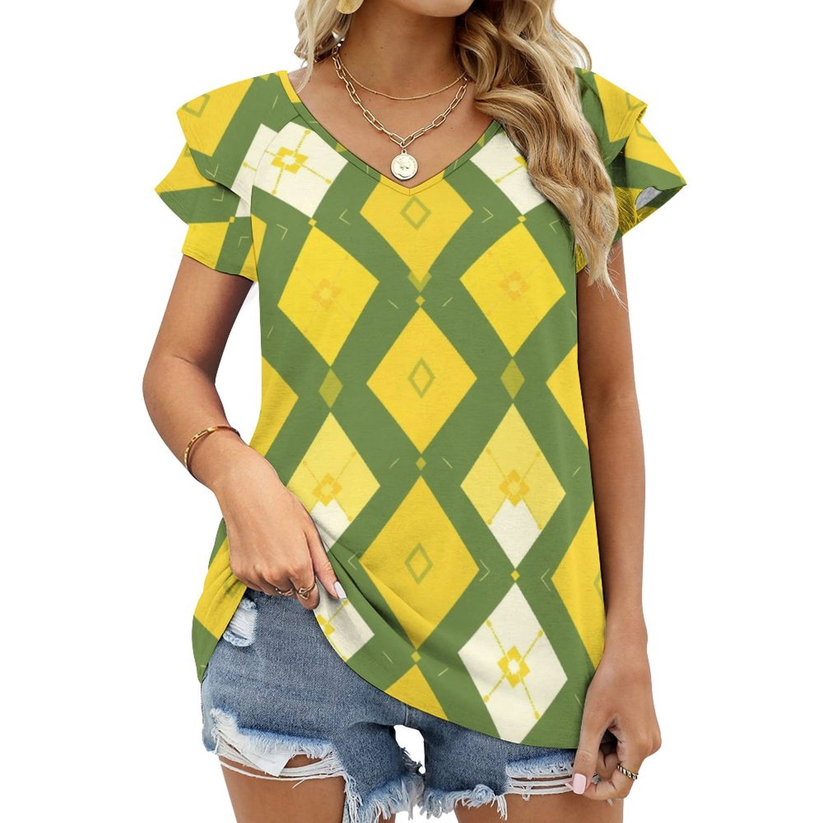 Diamond Grid Women T Shirt V Neck Top Lotus Leaf Neck Women Clothing ...