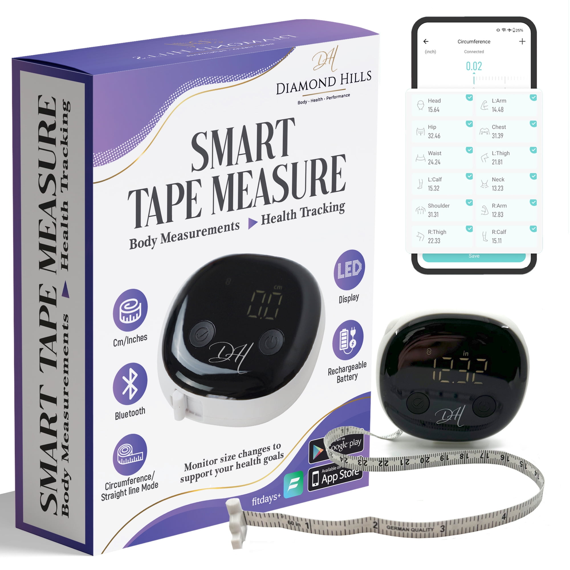 Diamond Hills Rechargeable Smart Body Tape Measure, Measuring Tape for ...