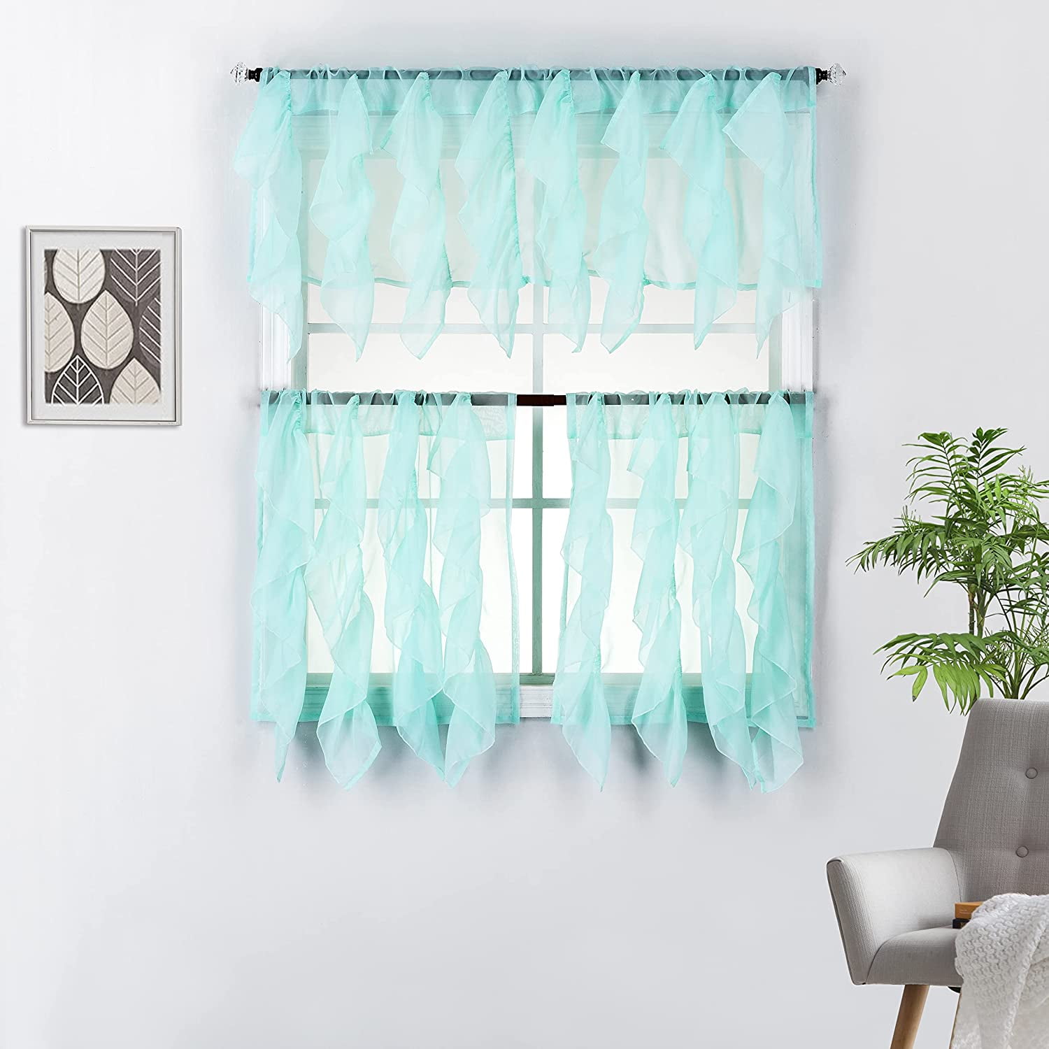 Diamond Home 3Pc Cascade Sheer Ruffled Kitchen Curtain Set, Sea Blue (2 ...