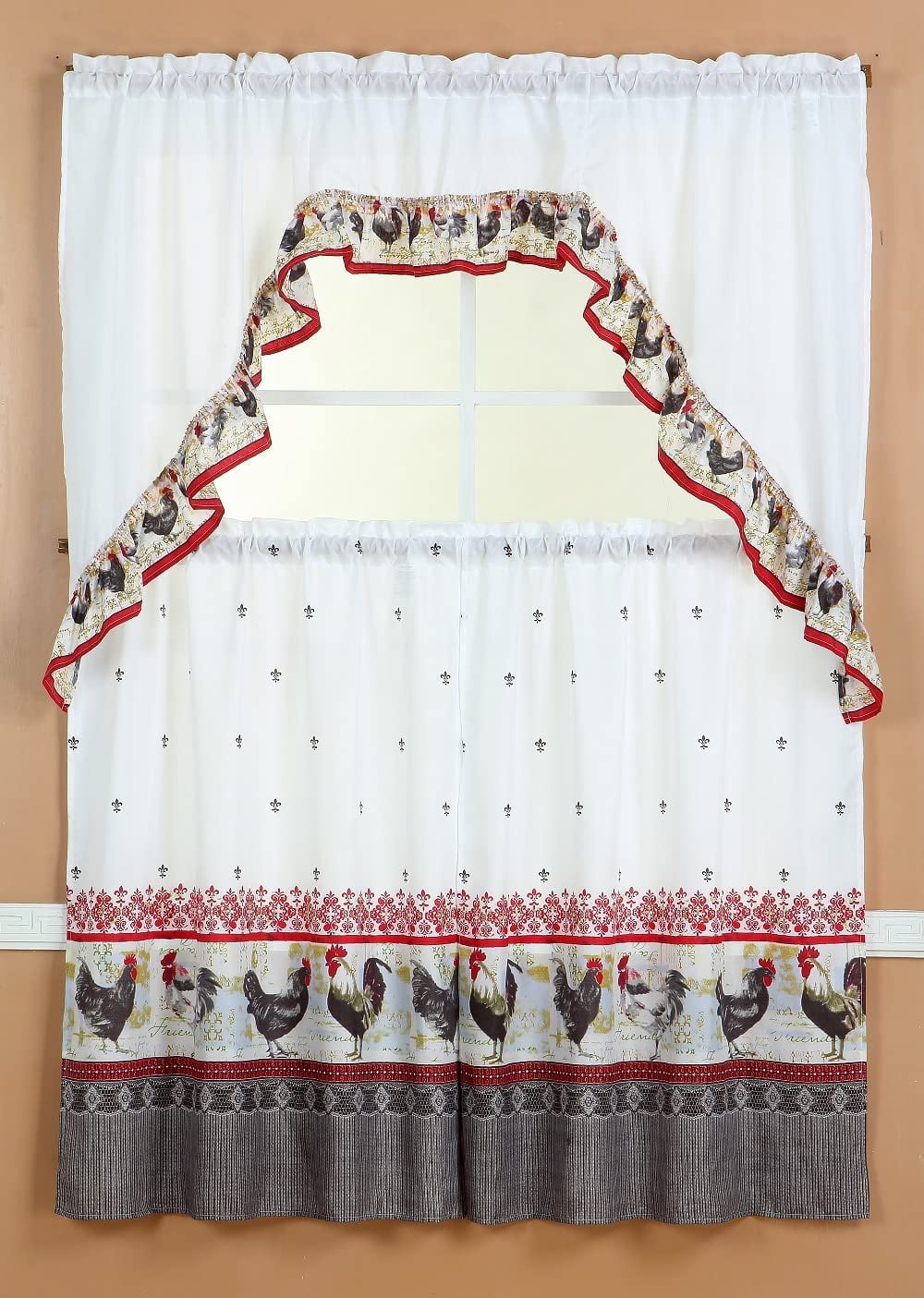 "Diamond Home Rooster Kitchen Curtains, Tiers and Valances Set, Light ...