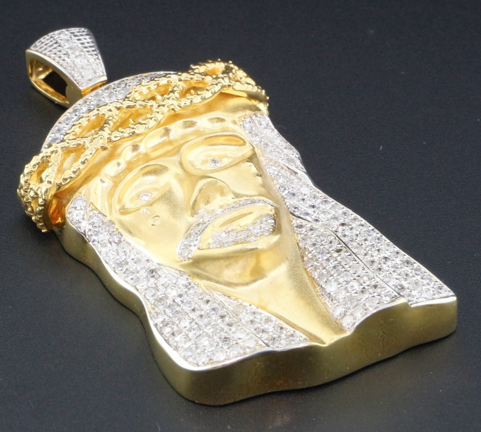 Diamond Jesus Piece Face Pendant 10k Yellow Gold Charm 1.90 Ct. Satin ...