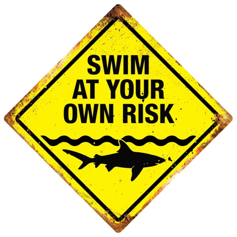 Diamond Metal Wall Sign - Swim At Own Risk Shark Warning Gift Plaque ...