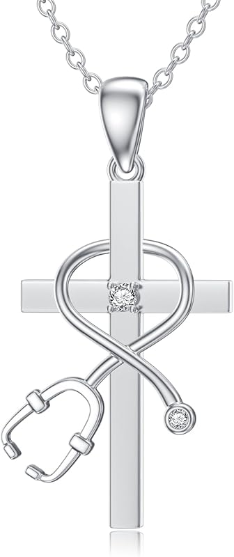 Diamond Nurse Stethoscope Cross Pendant Necklace in 925 Sterling Silver ...