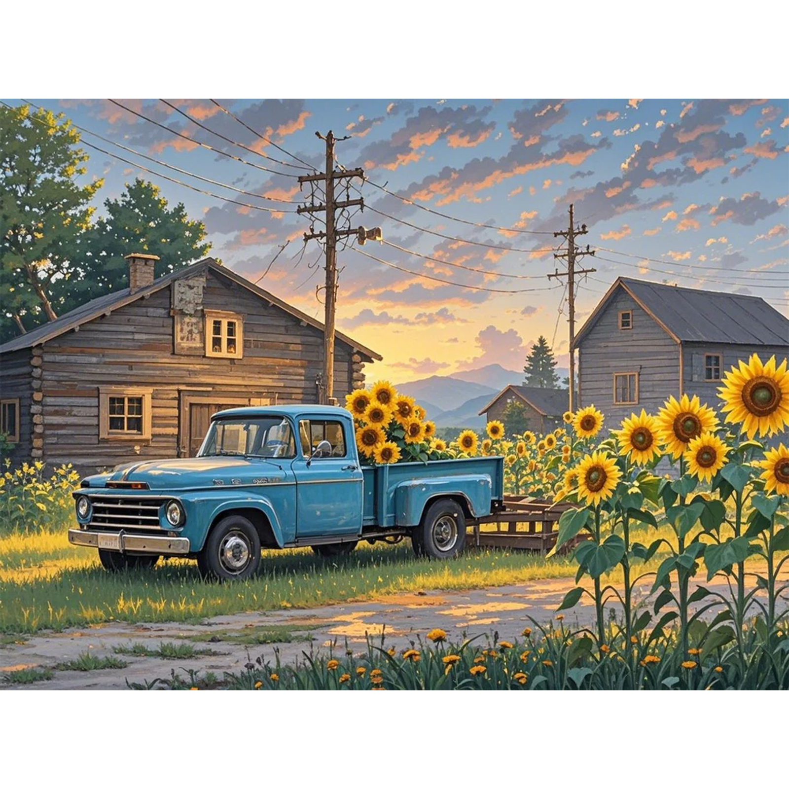 Diamond Painting Blue Truck with Sunflowers Farm 5D Diamond Art DIY ...