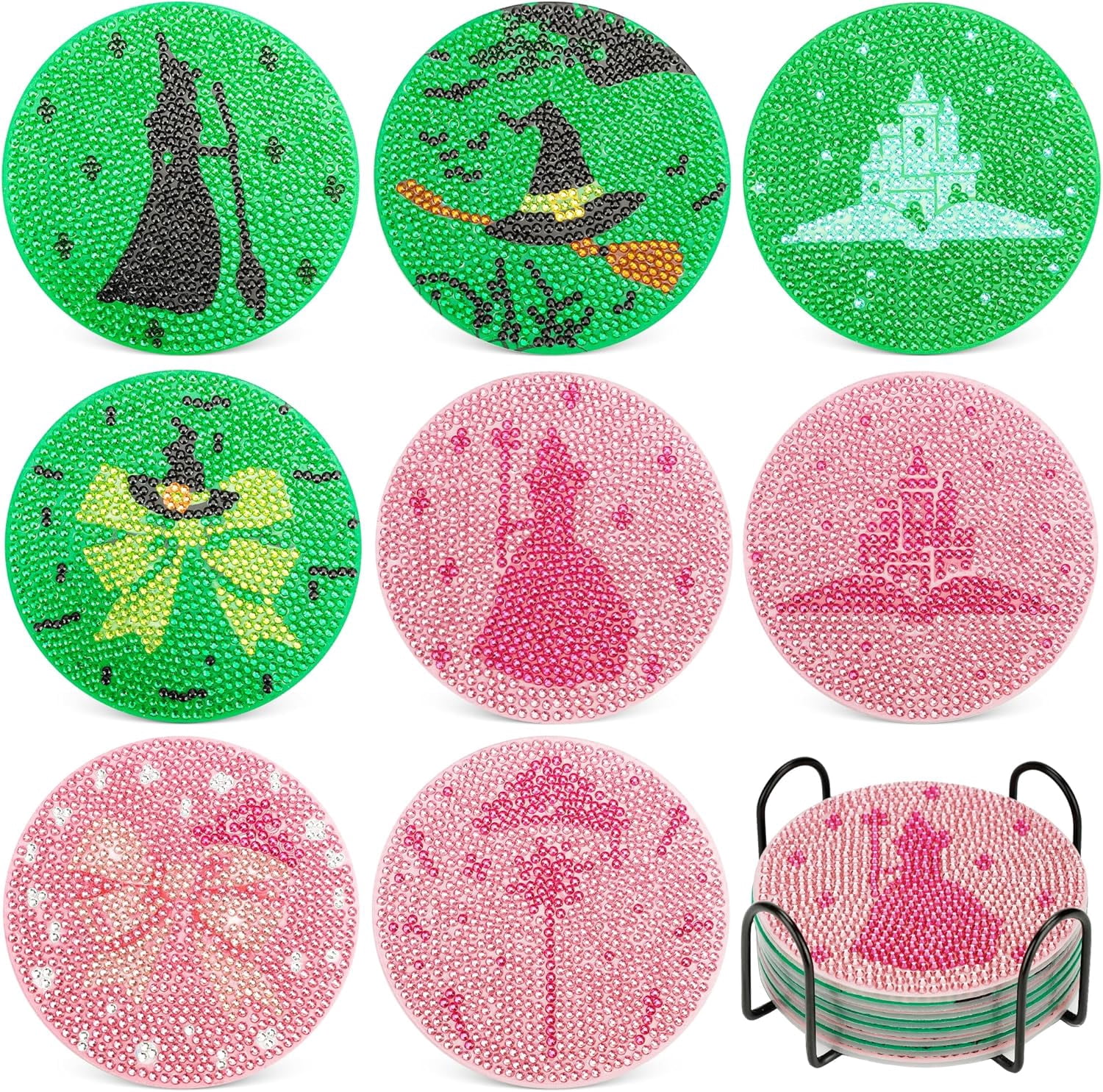 Diamond Painting Coasters Kit, Pink and Green Witch Theme 8-Pack ...