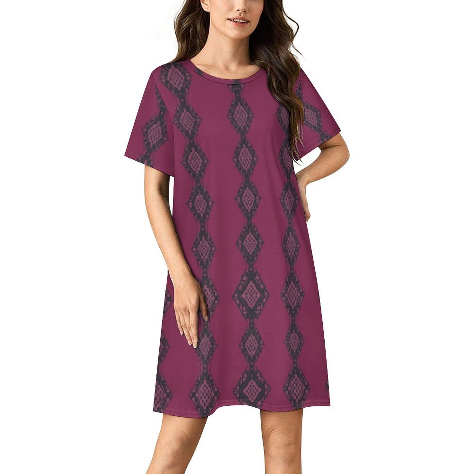 Diamond Pattern on Maroon Background Women Nightgown Sleepwear Short ...