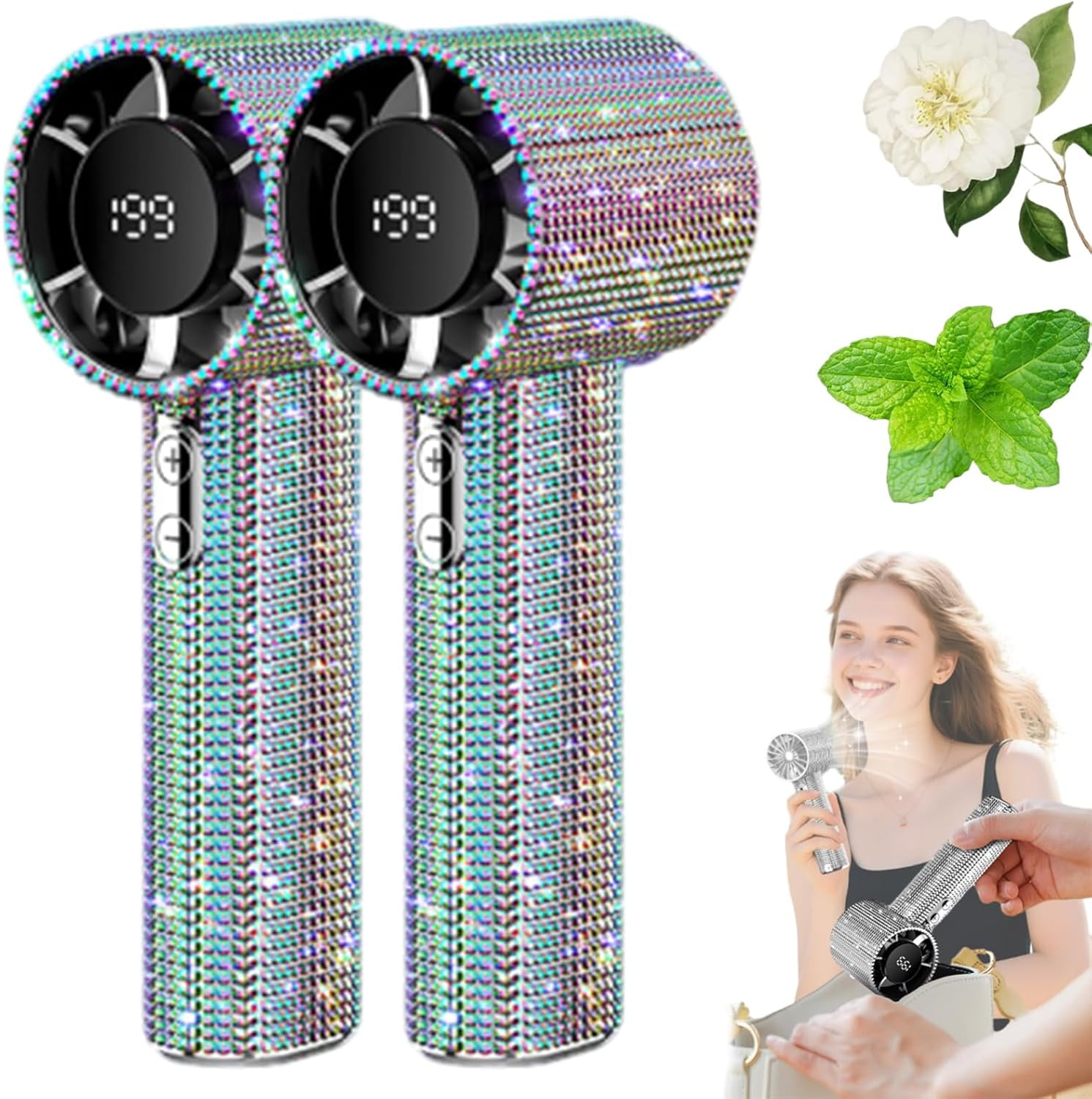 Diamond Portable Fan, Full Diamond Turbo Fan, 199-Speed Portable USB ...