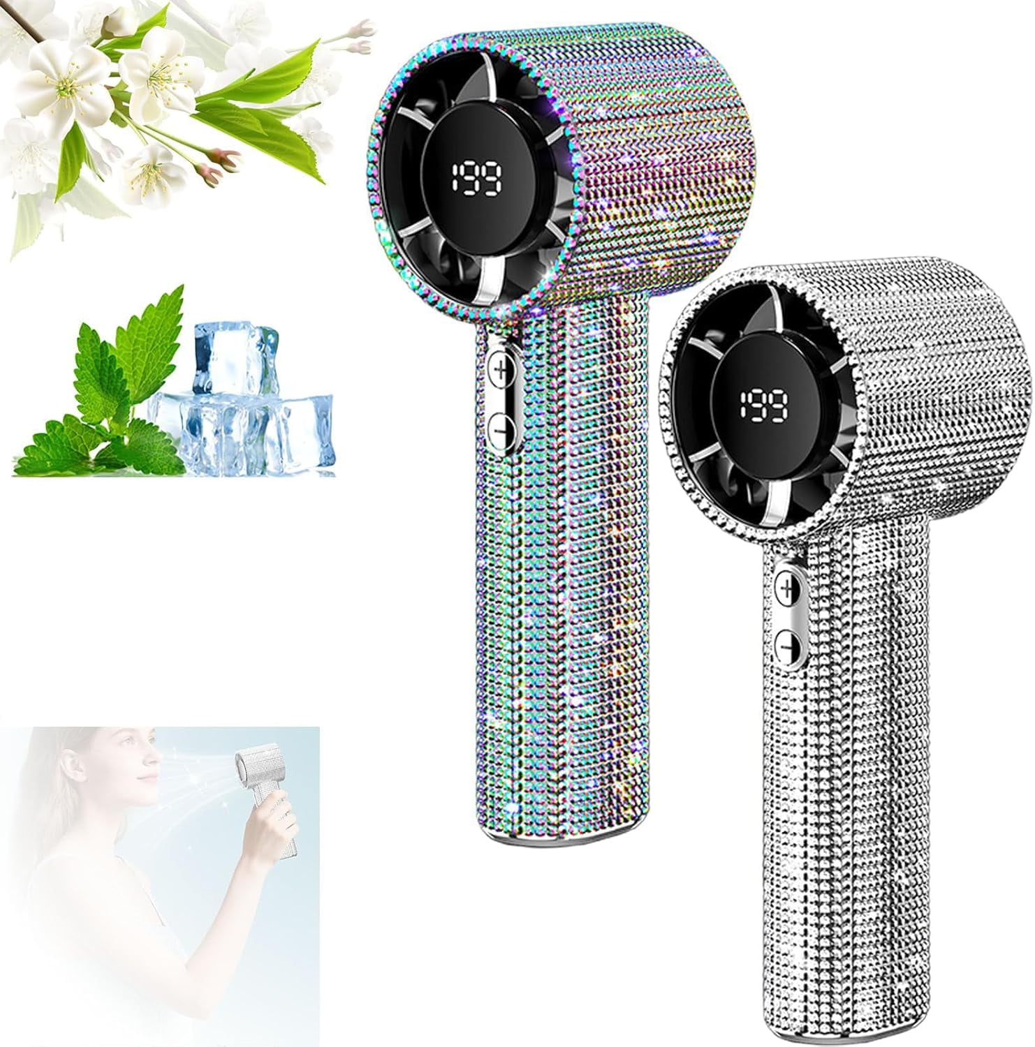 Diamond Portable Fan - Mini Handheld Fan Rechargeable with LED Light ...