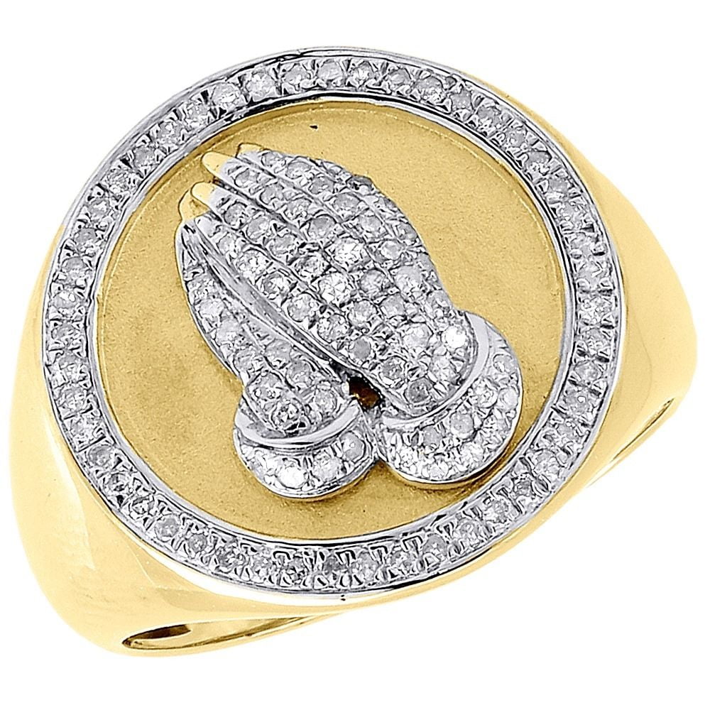 Diamond Praying Hands Pinky Ring .925 Sterling Silver Round Brushed 0. ...