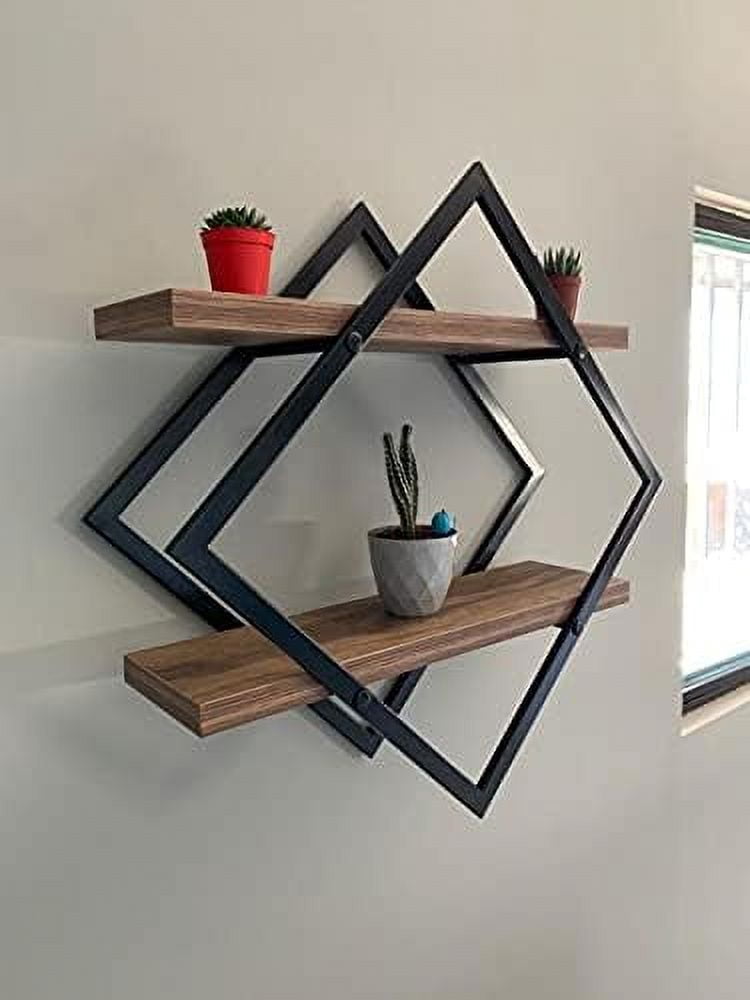 Diamond Shape Metal Frame Wall Mount Rustic Shelf. Mid Century Modern 2 ...