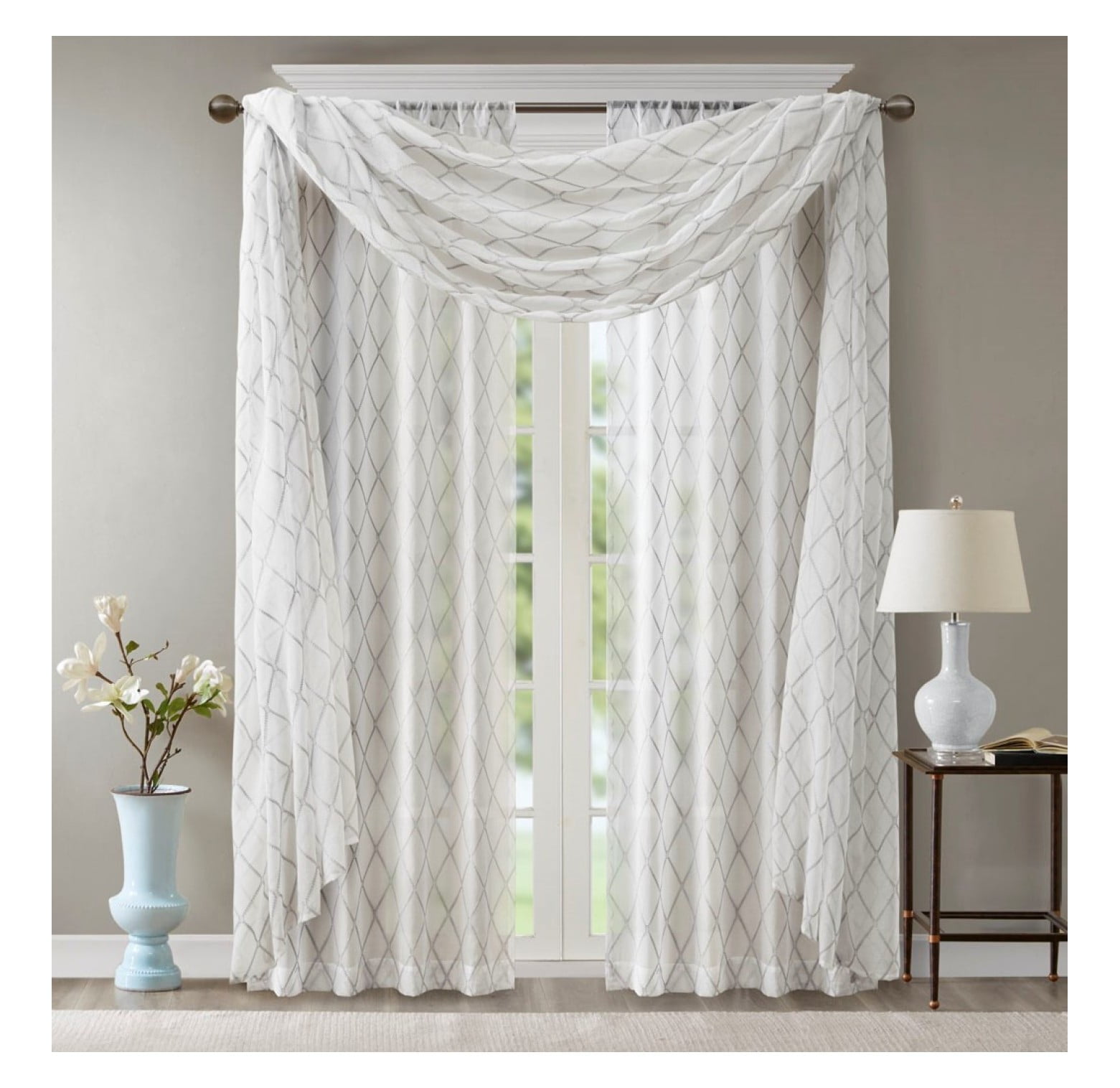 Diamond Sheer Window Scarf - 50x144" Embroidered Window Treatment ...