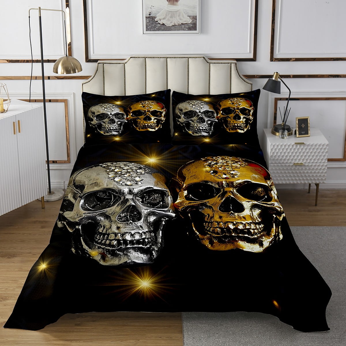 Diamond Skull Coverlet Set Couple Skull Bedspread Set Queen Size Adults ...
