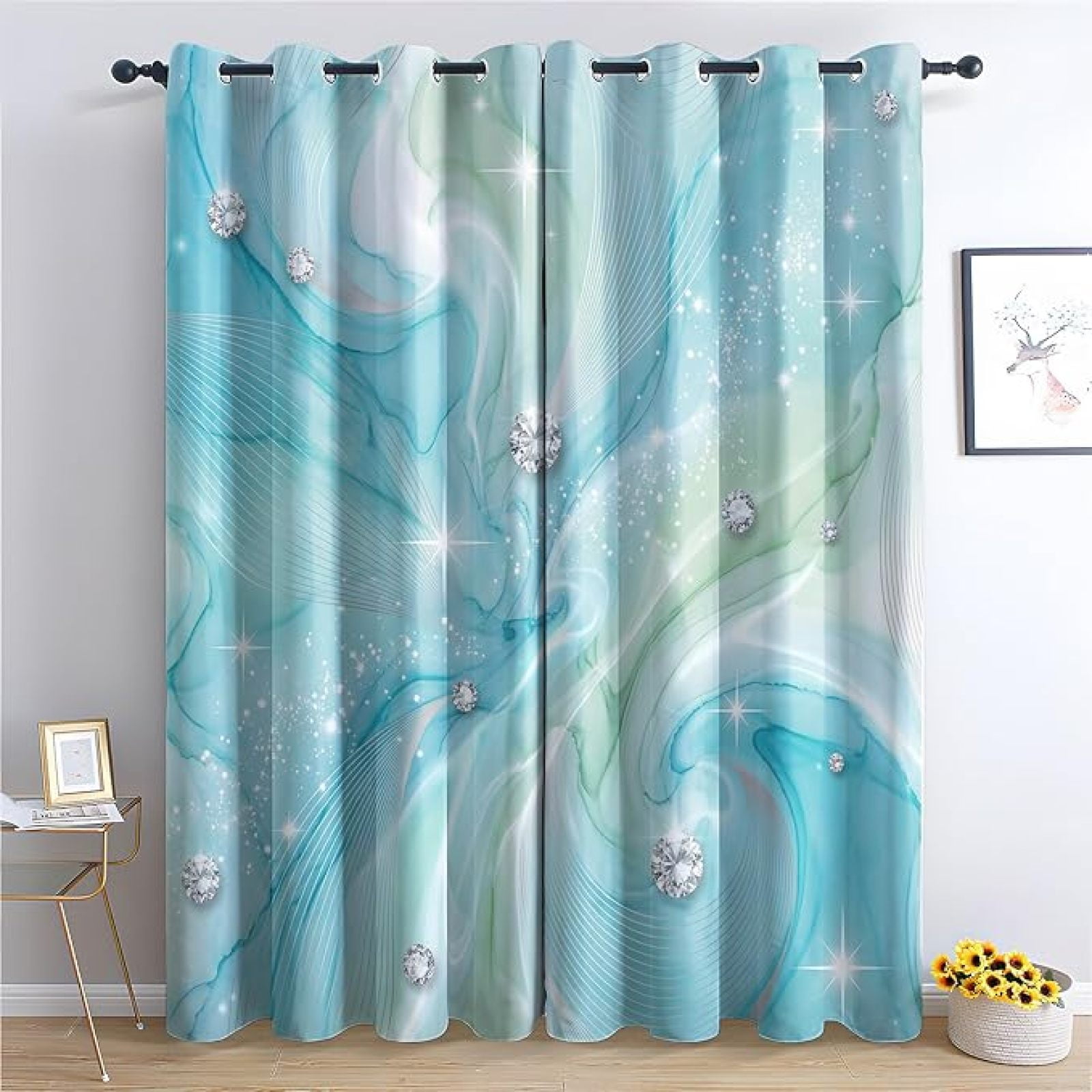 Diamond Sparkle Blackout Curtains, Mint Green Crystal Patterned ...