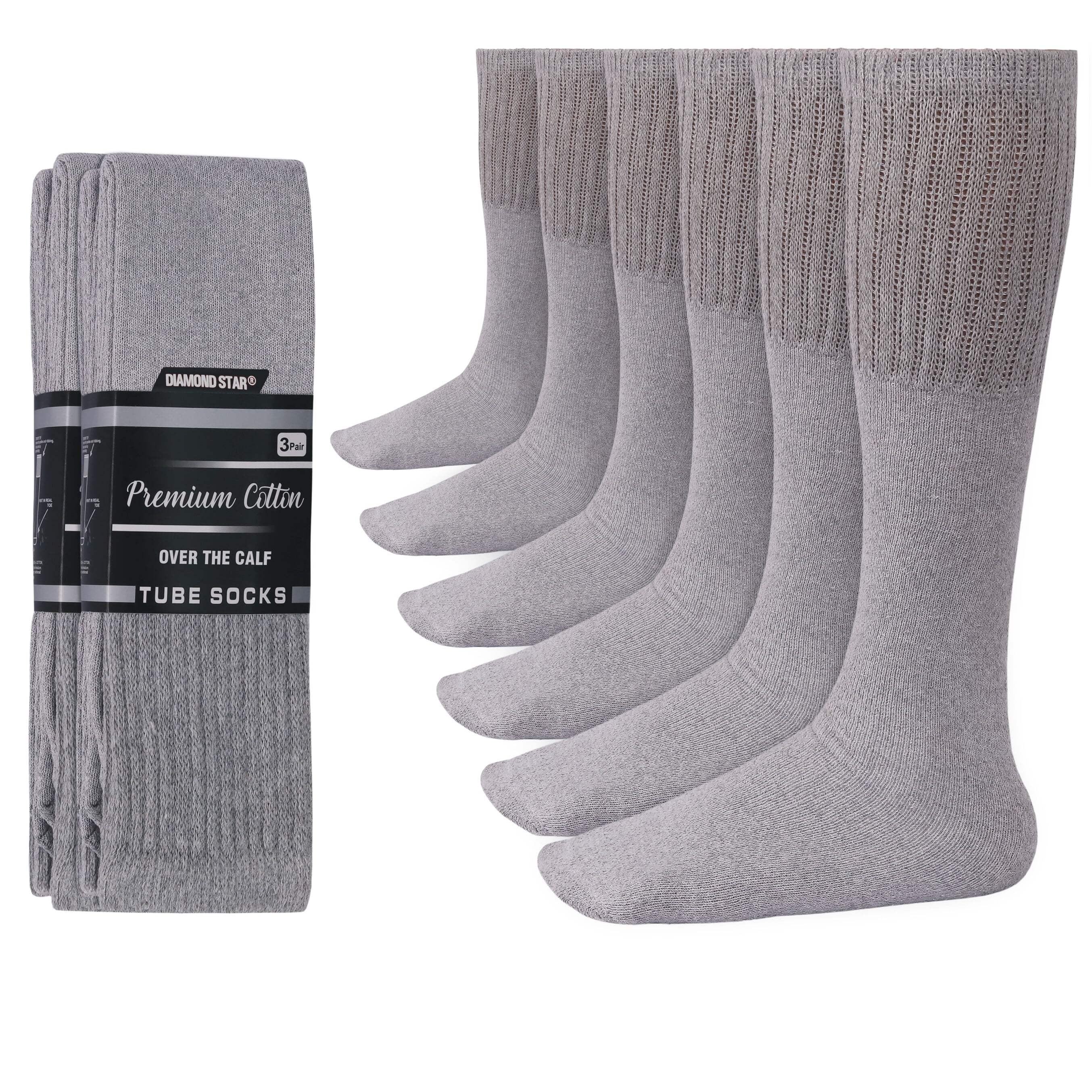 Diamond Star Men's Large Tube Socks, 6 Pairs, Cushion Cotton, Grey ...