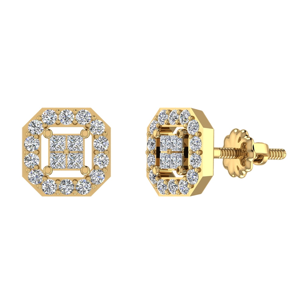 Diamond Stud Earrings Princess Cut Cornered Square Diamond Earrings 14K Gold 0.75 CT TW ...