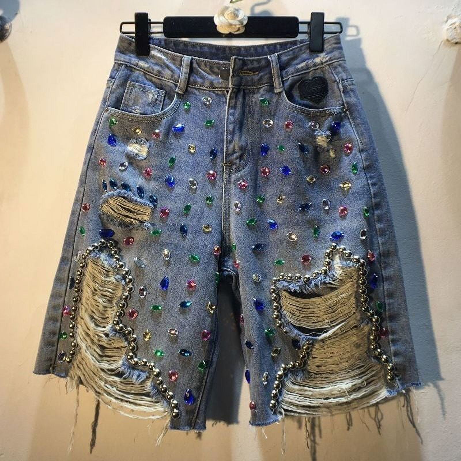 Diamond Studded Denim Shorts High Waisted Hole Straight Leg Tassels ...