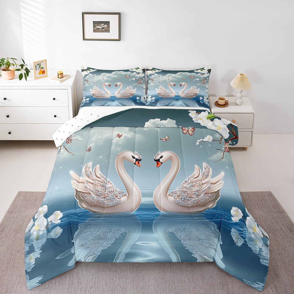 Diamond Swan Queen Comforter Set Ocean Lake Bedding Set,White Flowers ...