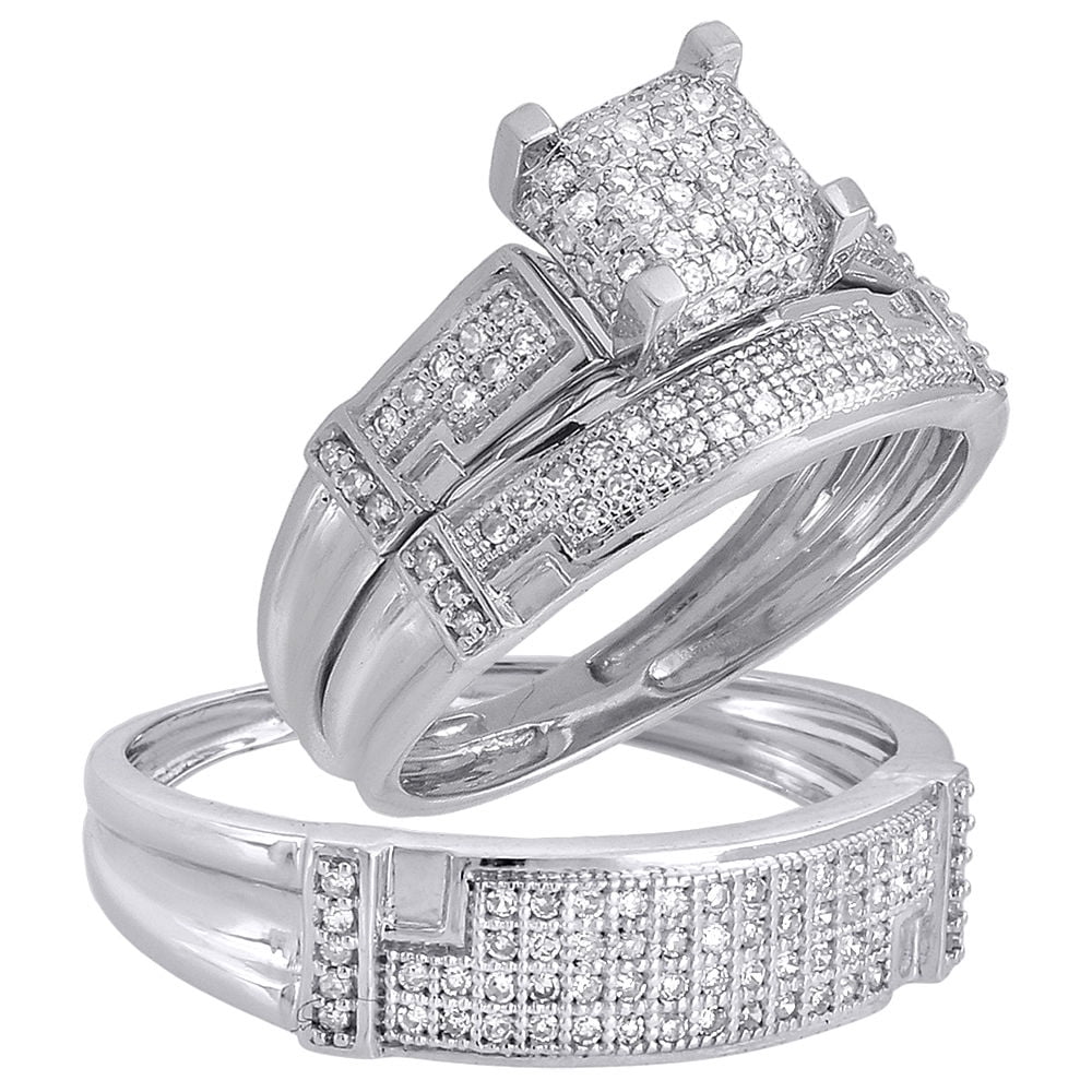 Diamond Trio Set His Her Matching Engagement Wedding Ring 10k White ...