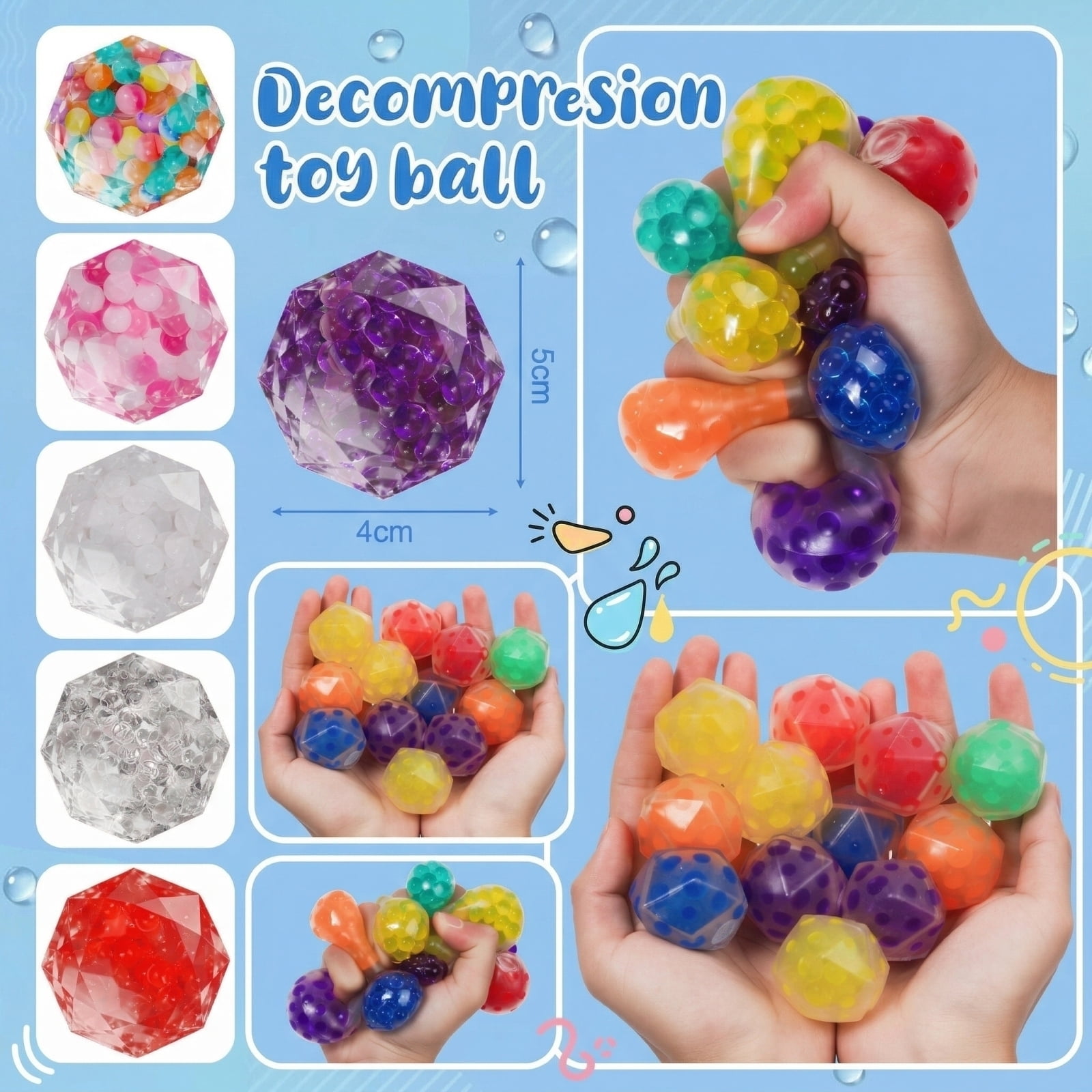 Diamond Water Drop Ball Stress Relief Squishy, Colorful Bead Grape Ball ...