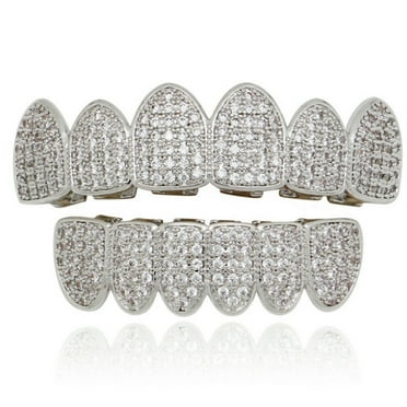 Saintda Real Mouth Diamond Tooth Grillz Set, Top & Bottom, Silver, AAA ...