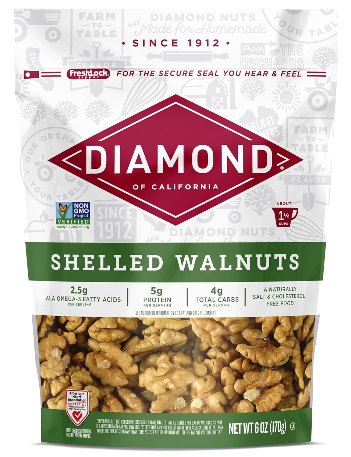 Diamond of California Shelled Walnuts, NON GMO, 6oz (170g), Shelf ...