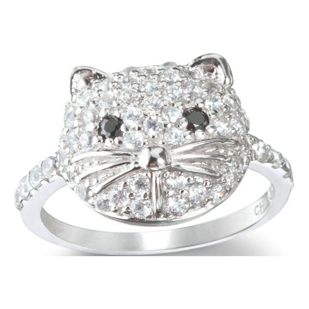Diamond2Deal 925 Sterling Silver Rhodium-plated Black and White CZ Cat ...