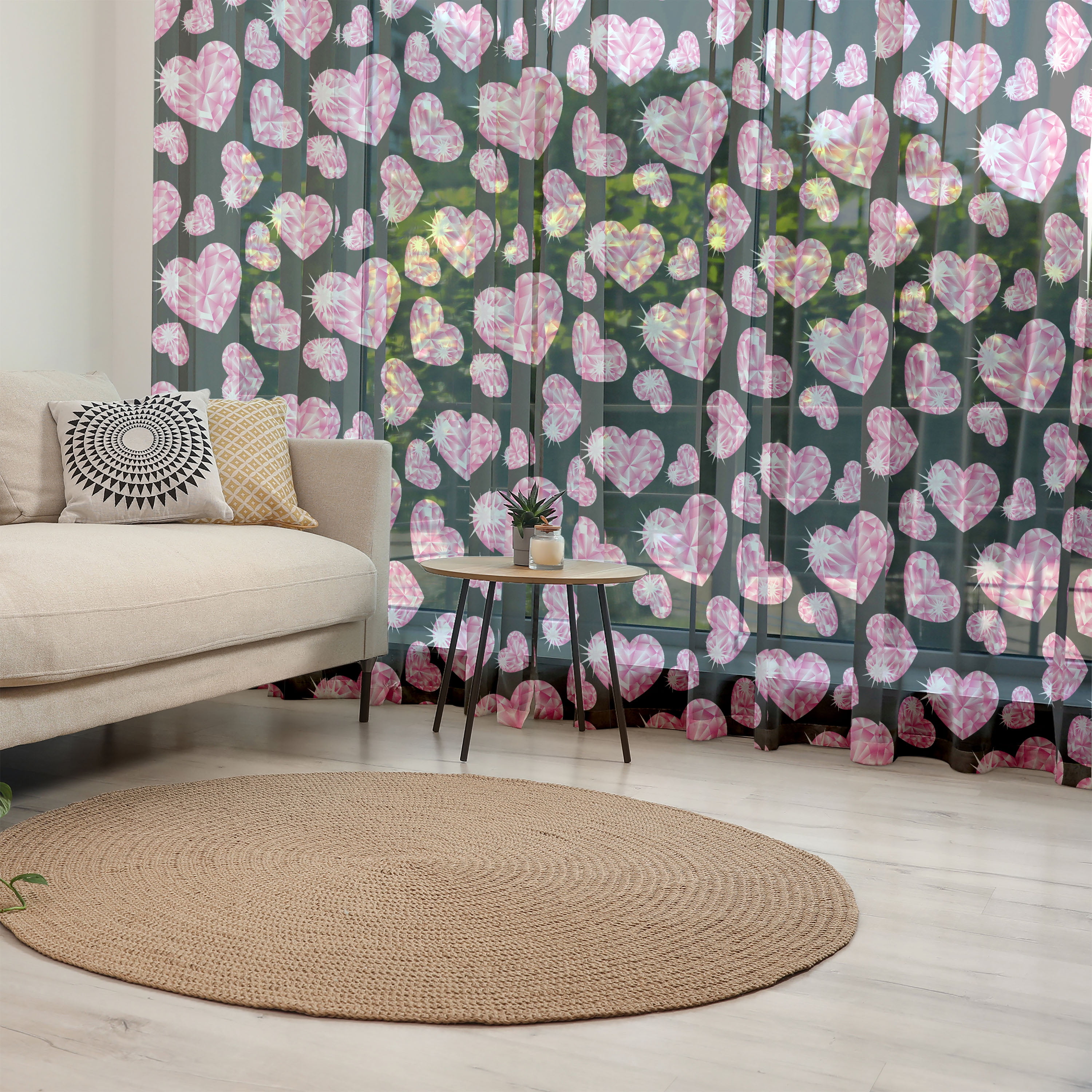 Diamonds Tulle Curtains with Rod Pocket, Romantic Pink Heart Stones on ...