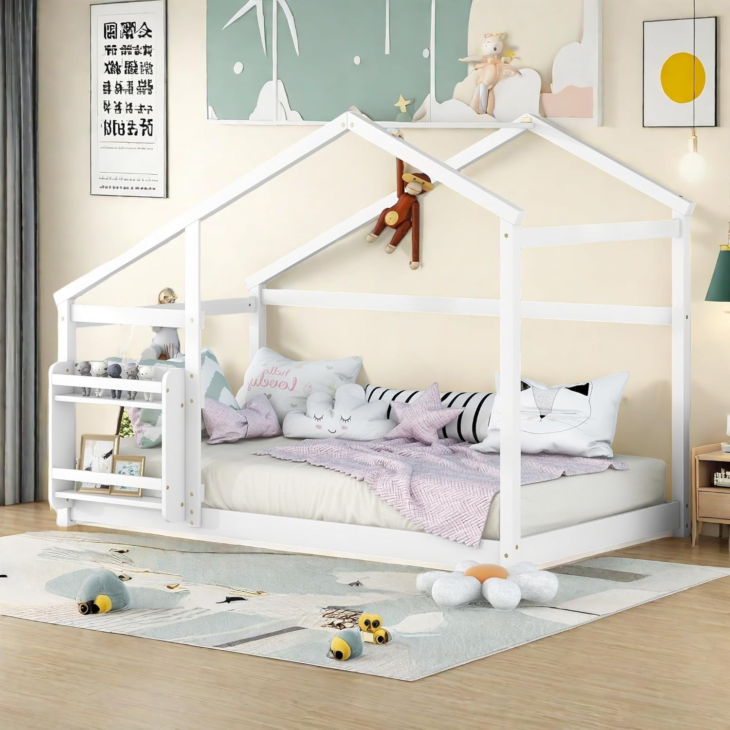 Dianfeng Twin Size Floor Bed for Kids, Montessori Bed Frame with Shelf ...