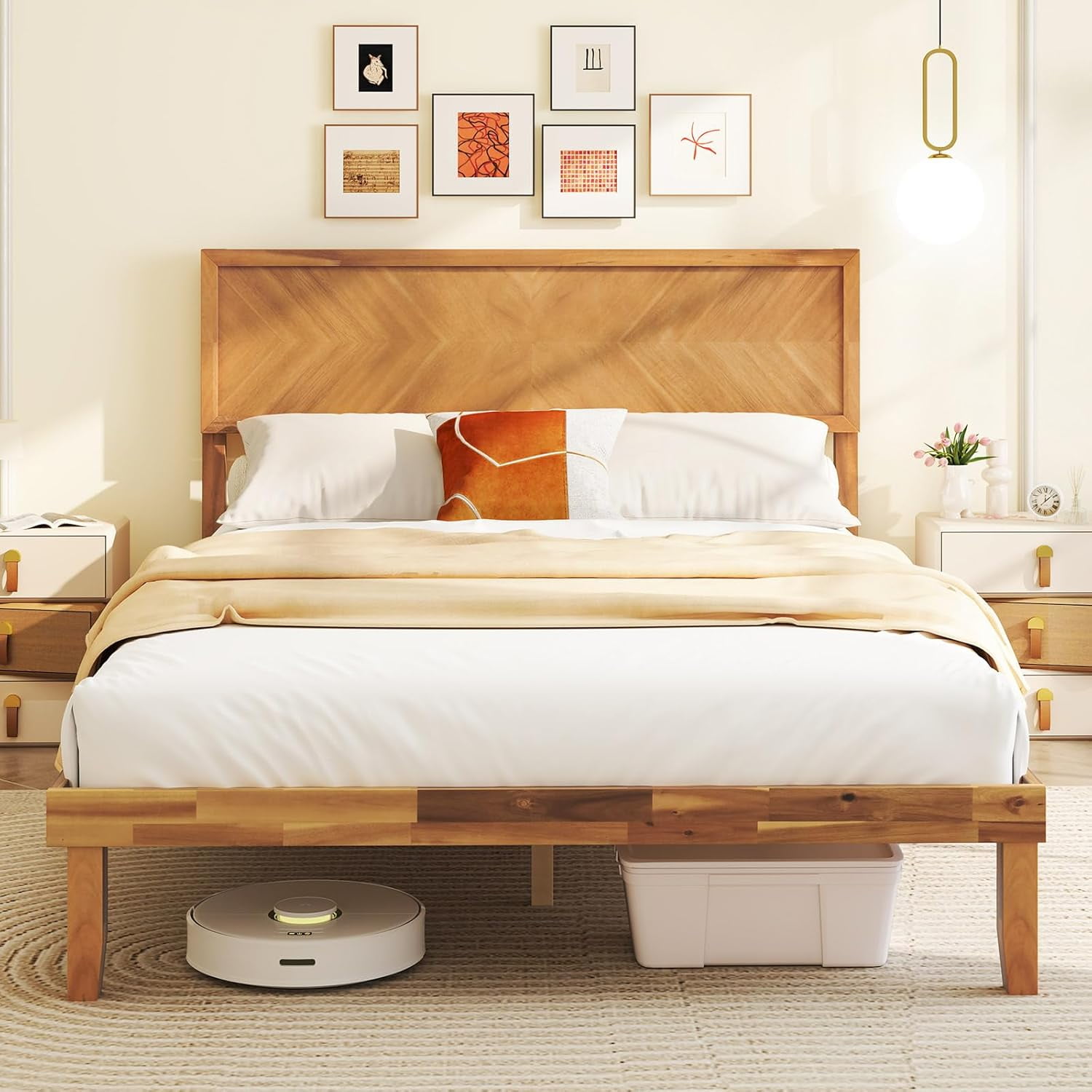 Dianfeng Wood Full Size Bed Frame with Headboard, Solid Acacia Wood Platform Bed with 12 Strong ...