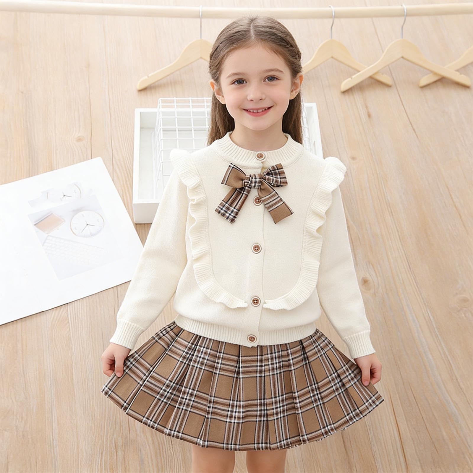 Dianli 2-Piece Set Girls Knitted Cardigan and Pleated Mini Flare Skirt ...