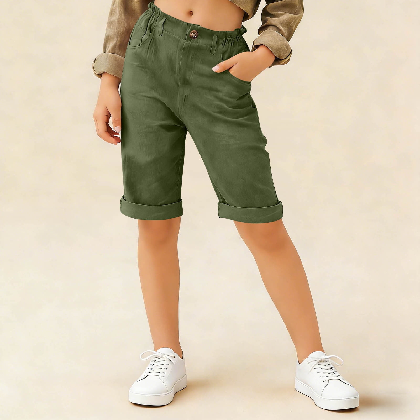 Dianli Back to Schools Girls' High-Waisted Rolled-Cuff Cropped Pants ...