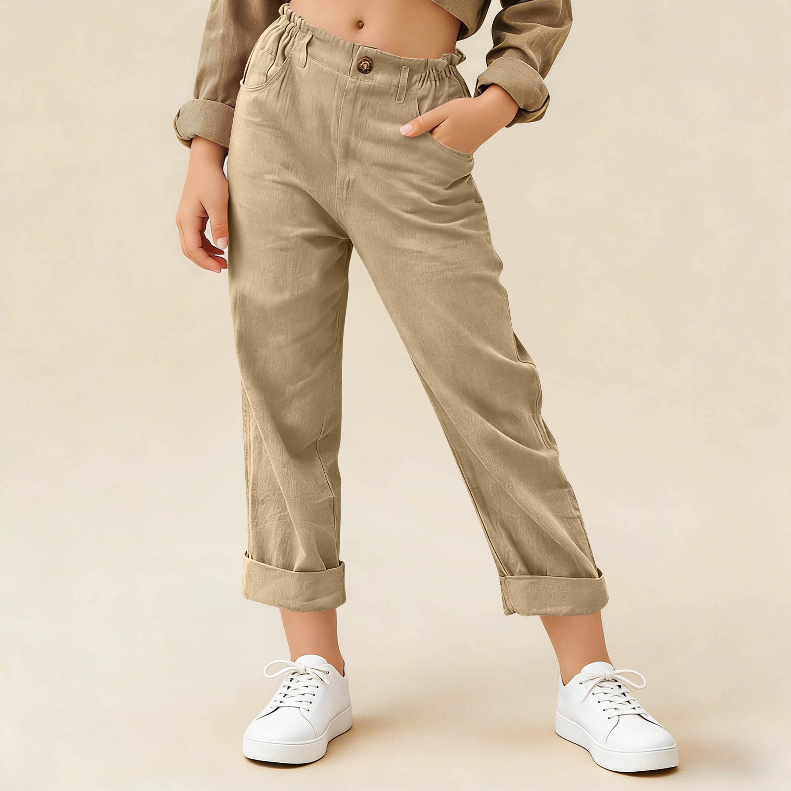 Dianli Back to Schools Girls High-Waisted Rolled-Cuff Pants Multi-Color ...